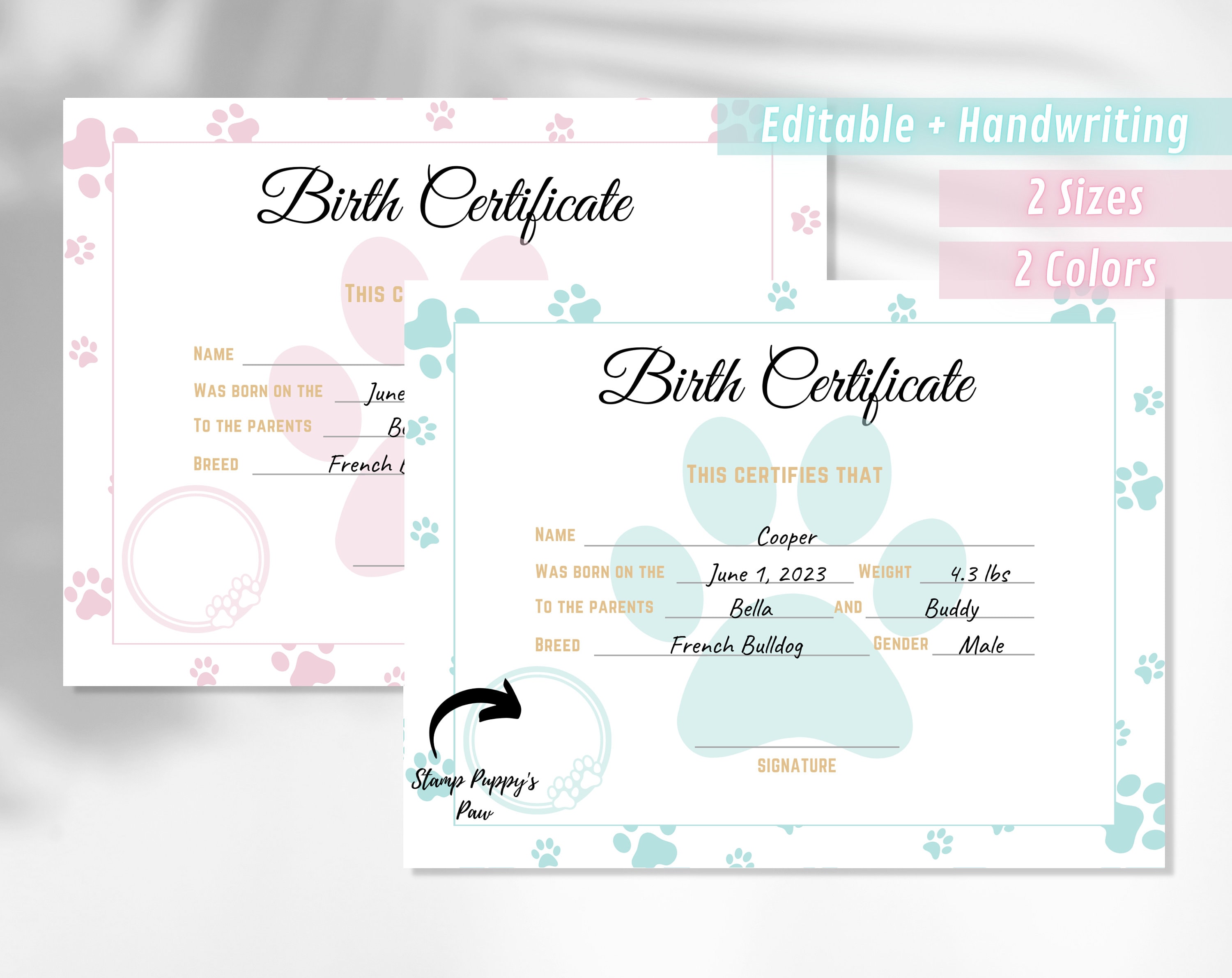 Editable Puppy Birth Certificate Printable, Dog Birth Certificate, Pet ...