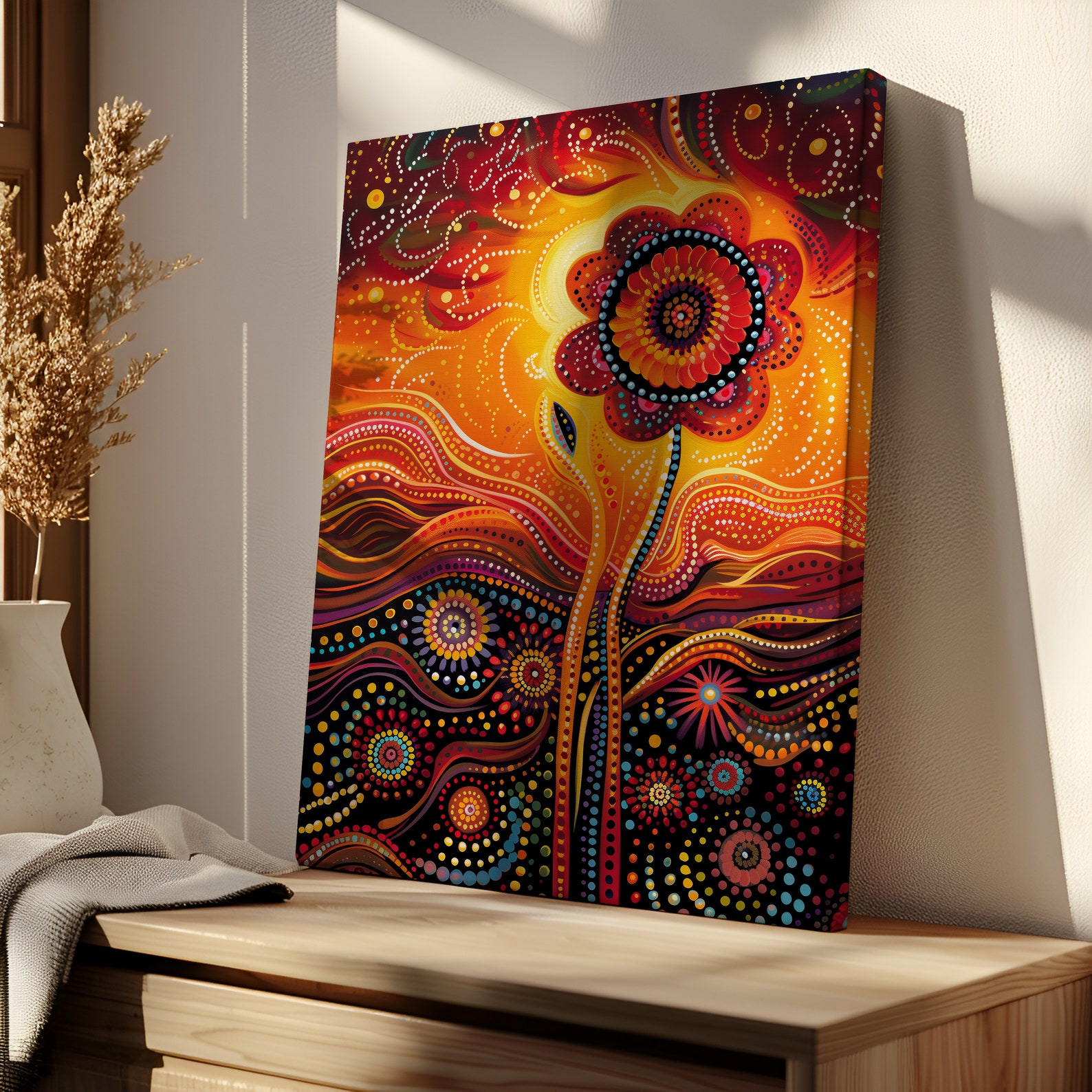 Flower Aboriginal Australian Print on Canvas, Dreamtime Dot Painting ...