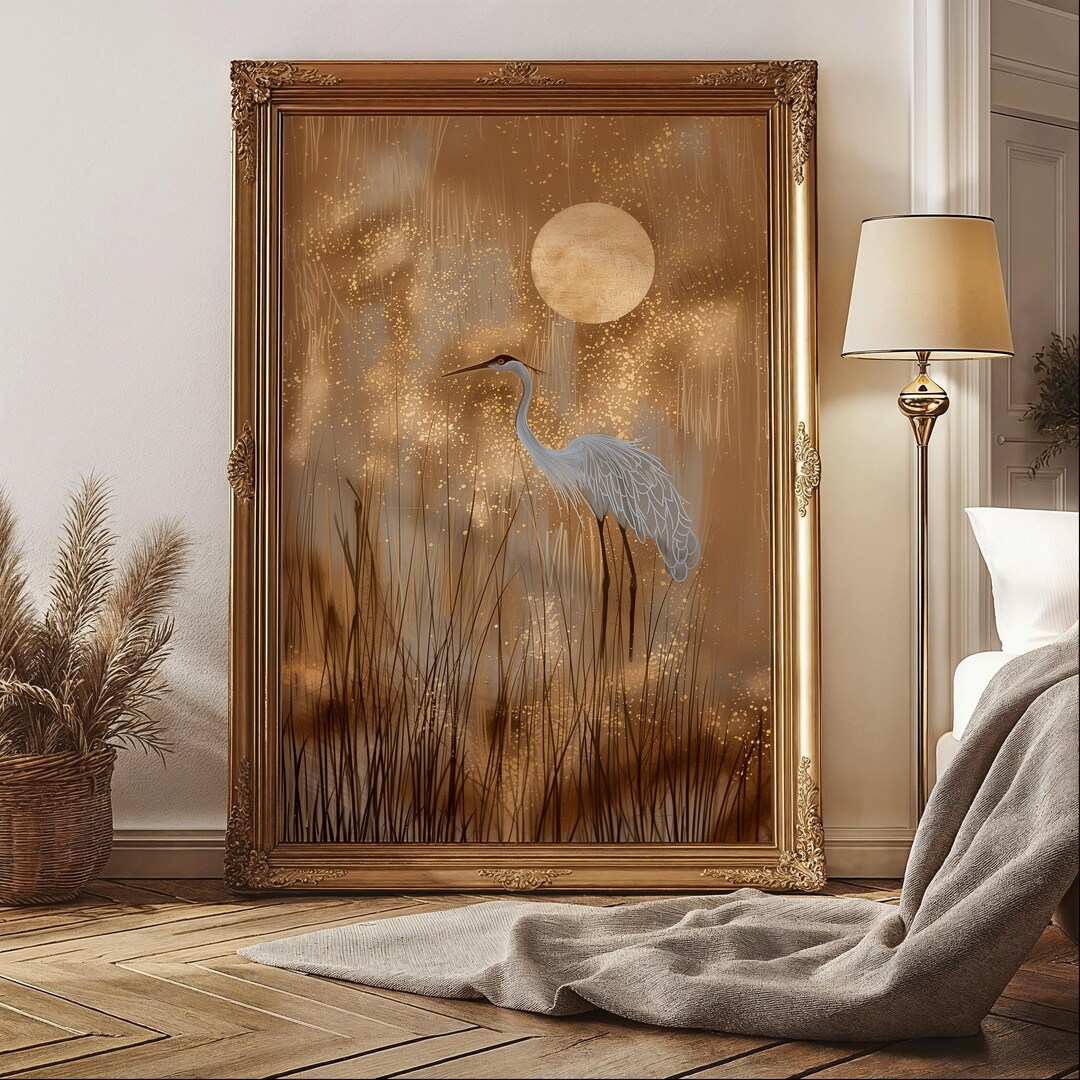 Beige and Gold Japanese Crane and Moon Print, Extra Large Asian Bird ...