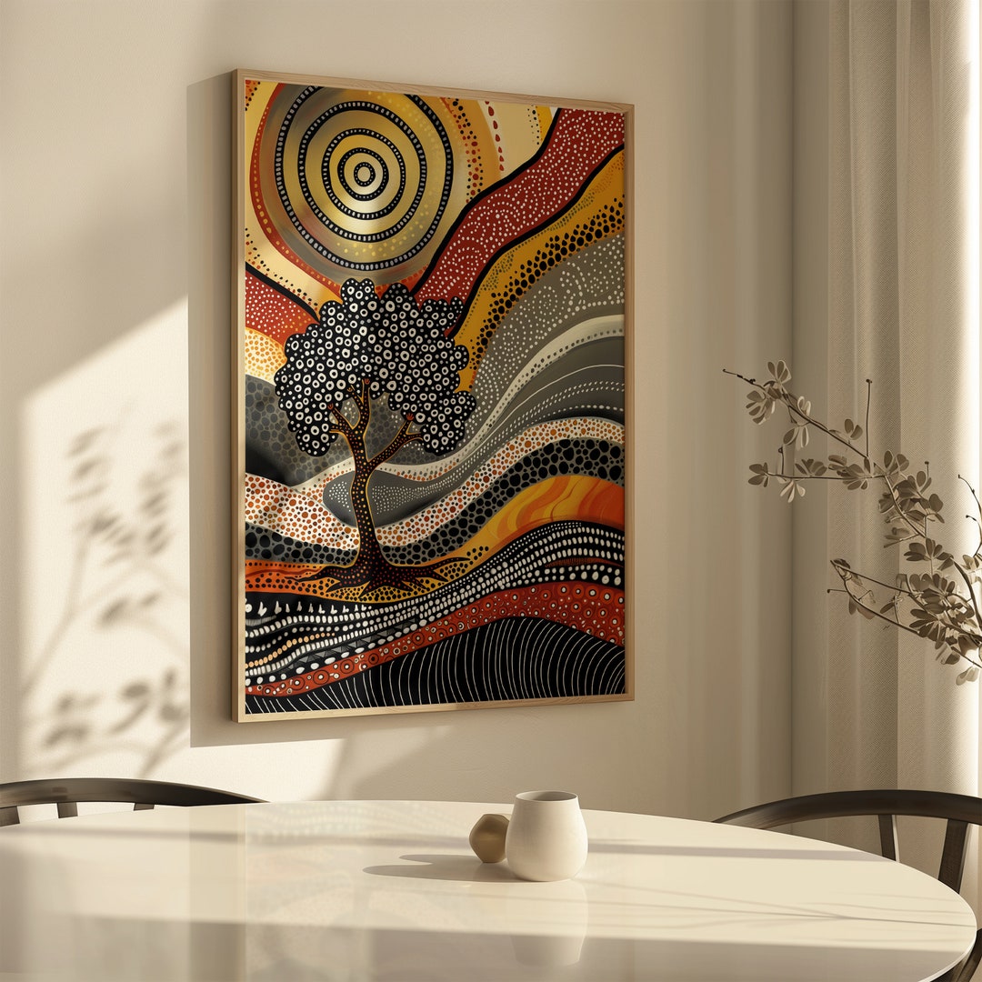 Indigenous Australian Painting Aboriginal Meadow With Gold Sun, Extra ...