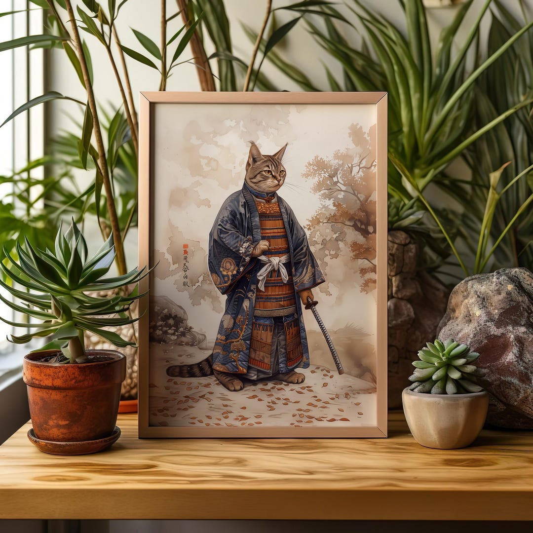 Samurai Cat Art Print – Japanese Warrior Cat in Armor, Ukiyo-e Style ...