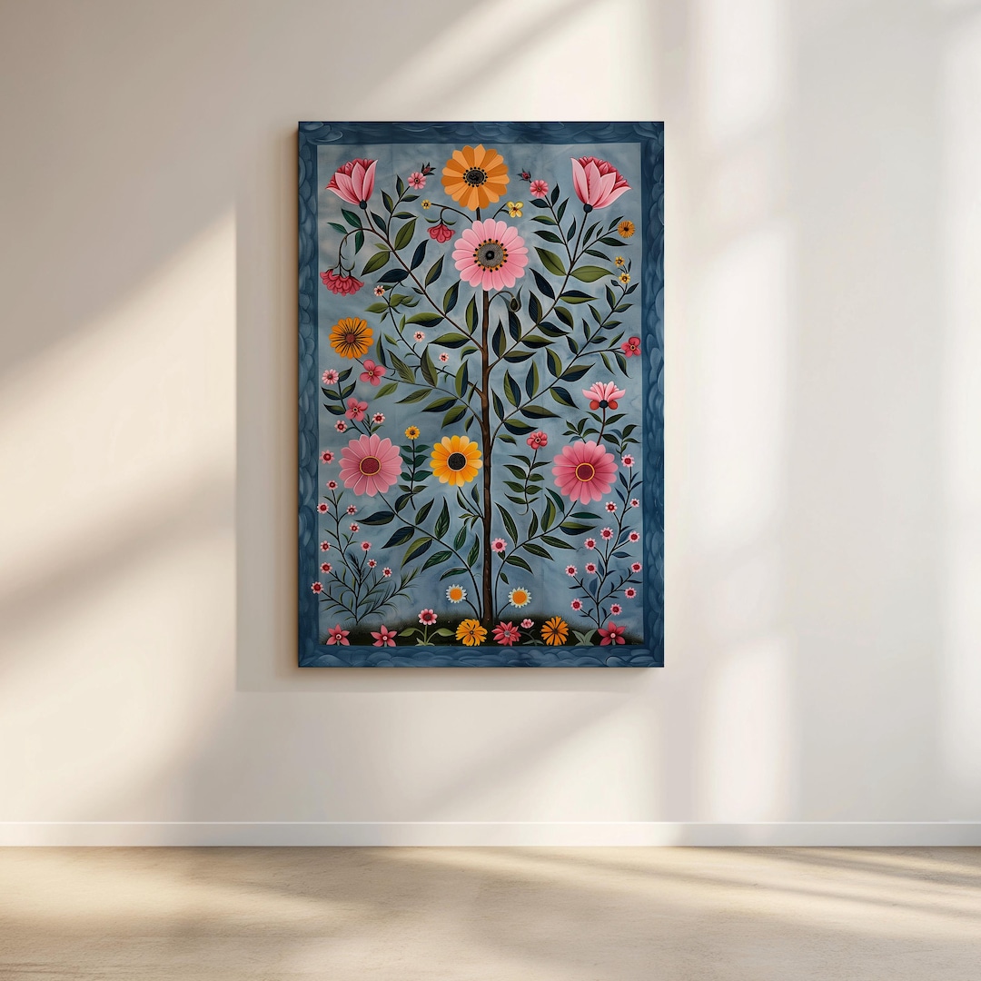 Vibrant Floral Indian Folk Art Print on Canvas, Traditional Pichwai and ...