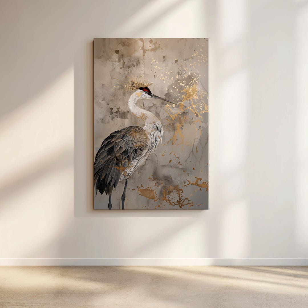 Beige & Gold Japanese Crane Canvas: Japandi and Wabi Sabi Bird Wall Art ...