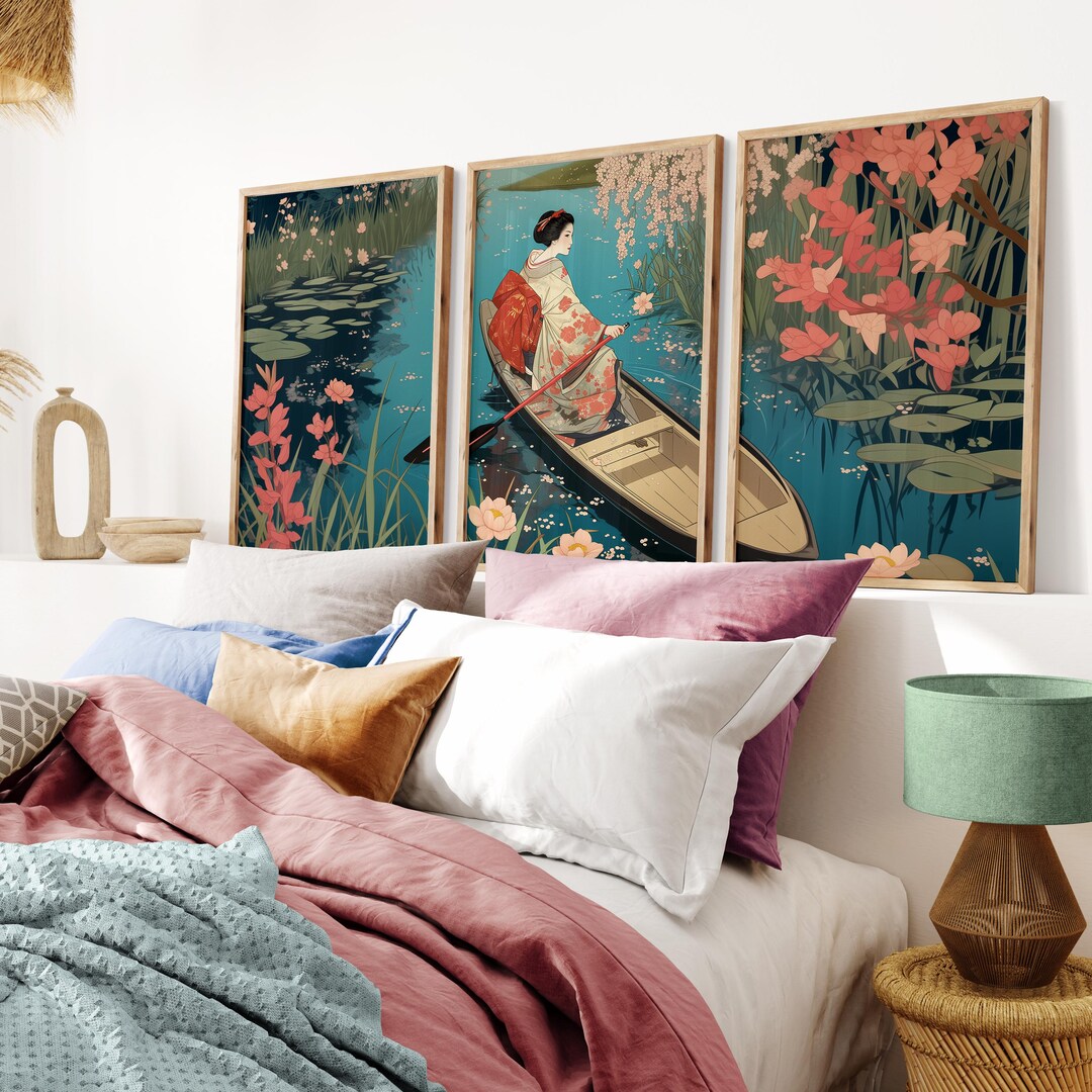 Japanese Triptych Wall Art – Geisha in Boat on Lotus Pond 3-piece ...