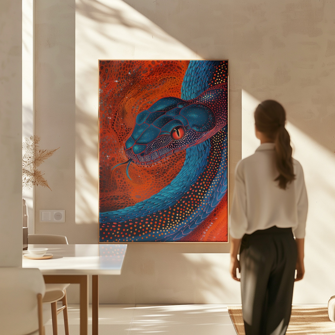 Blue Snake Inspired by Aboriginal Artwork, Vibrant Dot Painting Themed ...