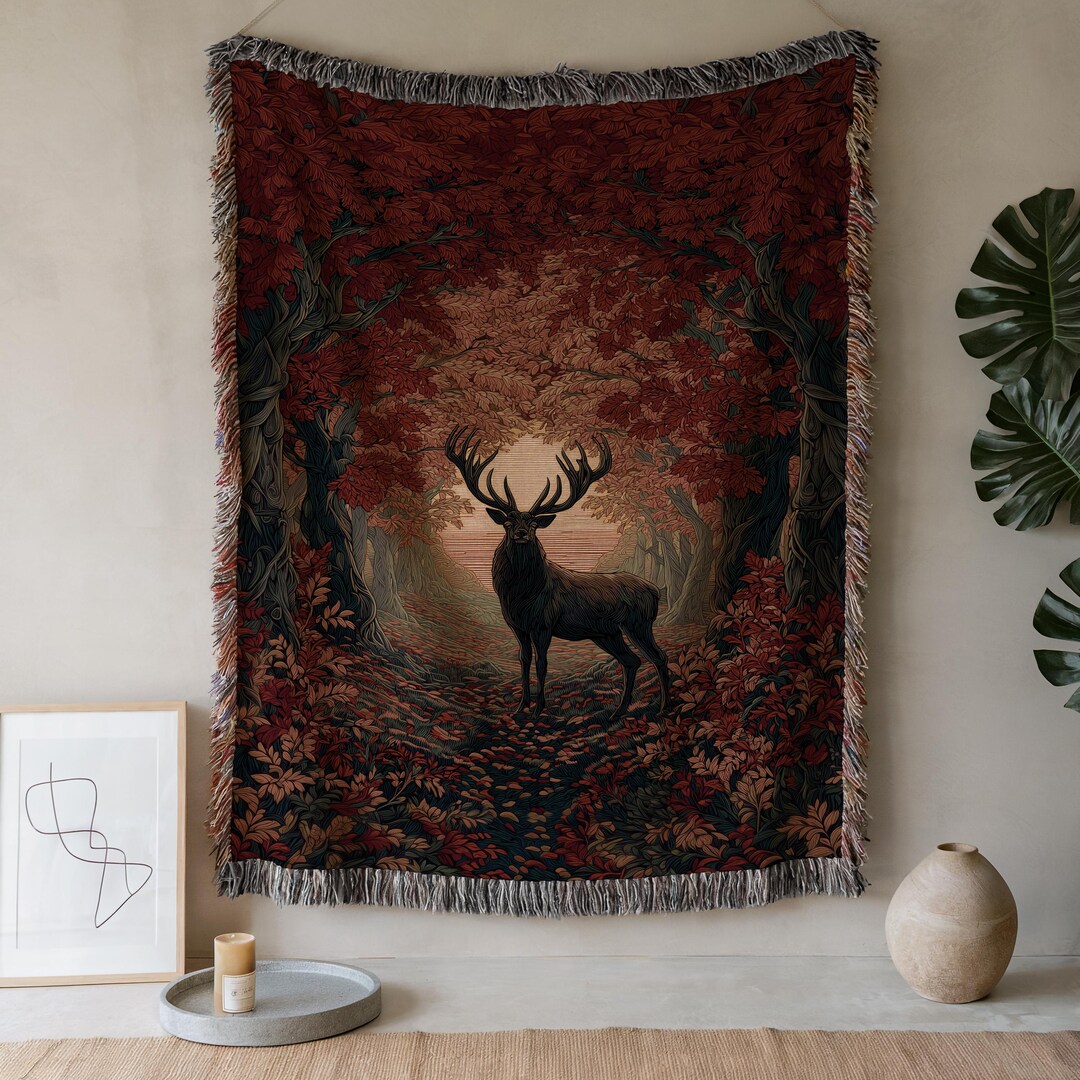 Woodland Stag Jacquard Blanket – Deer Woven Throw for Dark Academia and ...