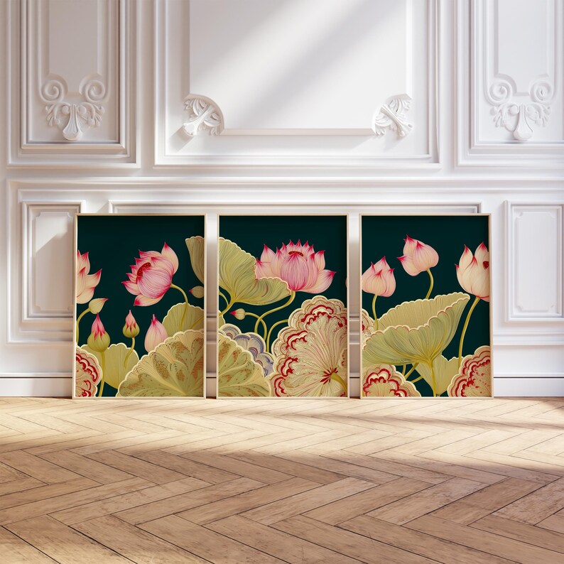 Set of 3 Indian Lotus Transitional Art Prints, Pichwai Inspired Floral ...