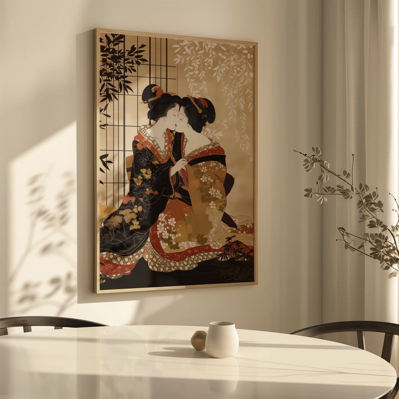 DIGITAL Edo Period Artwork Shunga Geishas Kissing Poster, Japanese ...