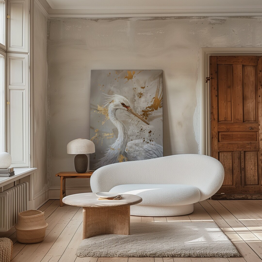 Beige & Gold Japanese Wall Art, Crane Print on Canvas for Living Room ...