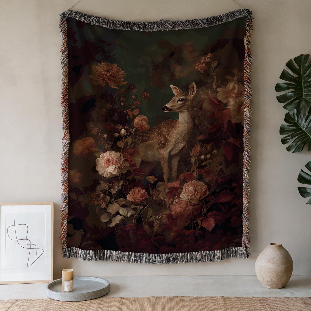 Forest Fawn Woven Blanket – Gothic Floral Throw for Moody Nature ...