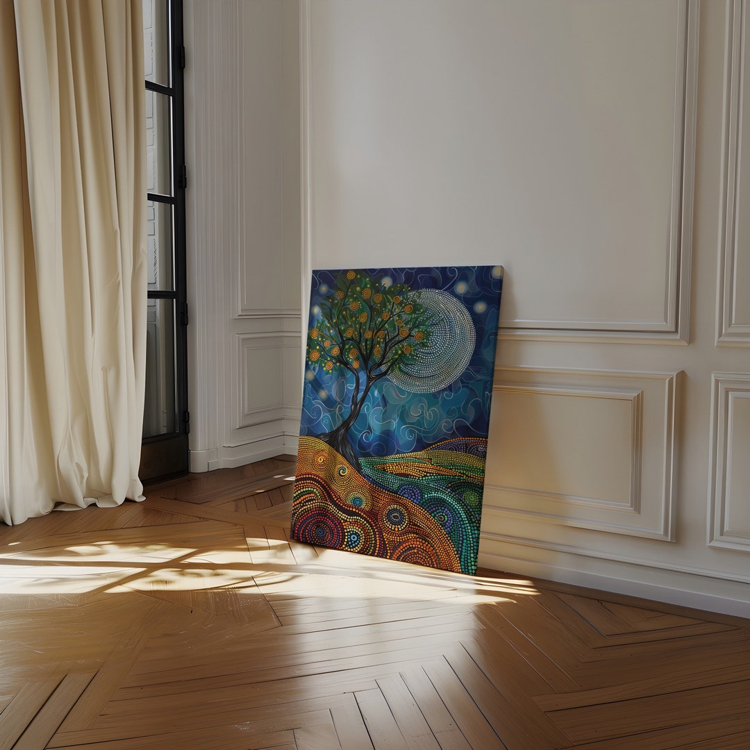 Aboriginal Dot Art Painting, Authentic Australian Night Landscape ...