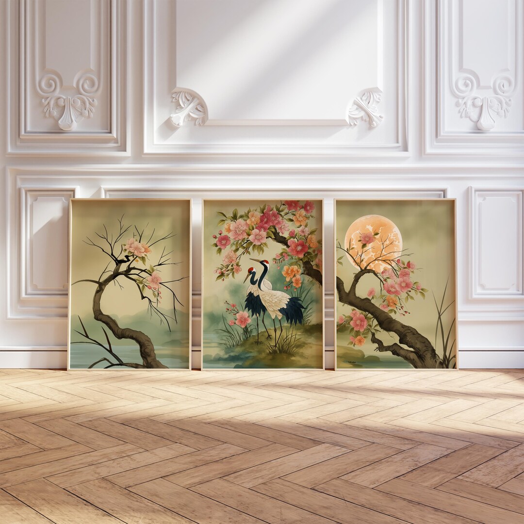 Japanese Spring Triptych Artwork – Red-crowned Cranes and Sakura ...