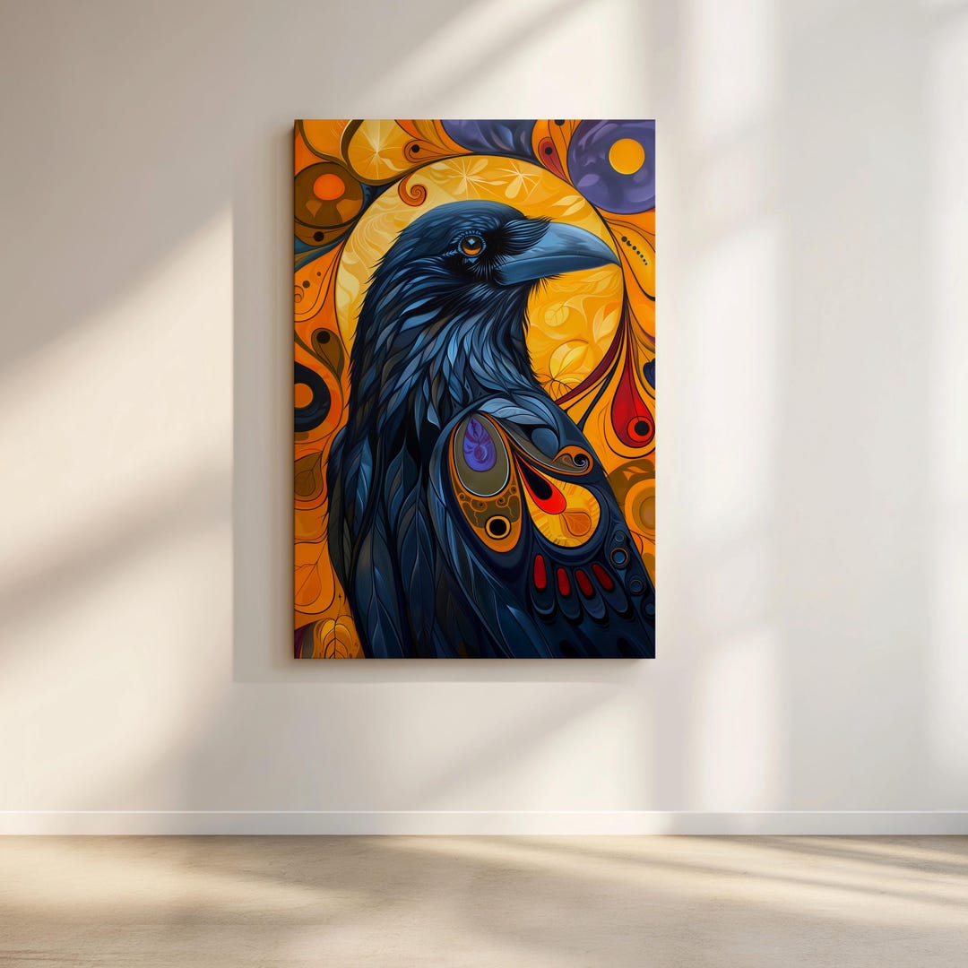 Bold Raven Indigenous Style Artwork, Colorful Maximalist Canvas ...