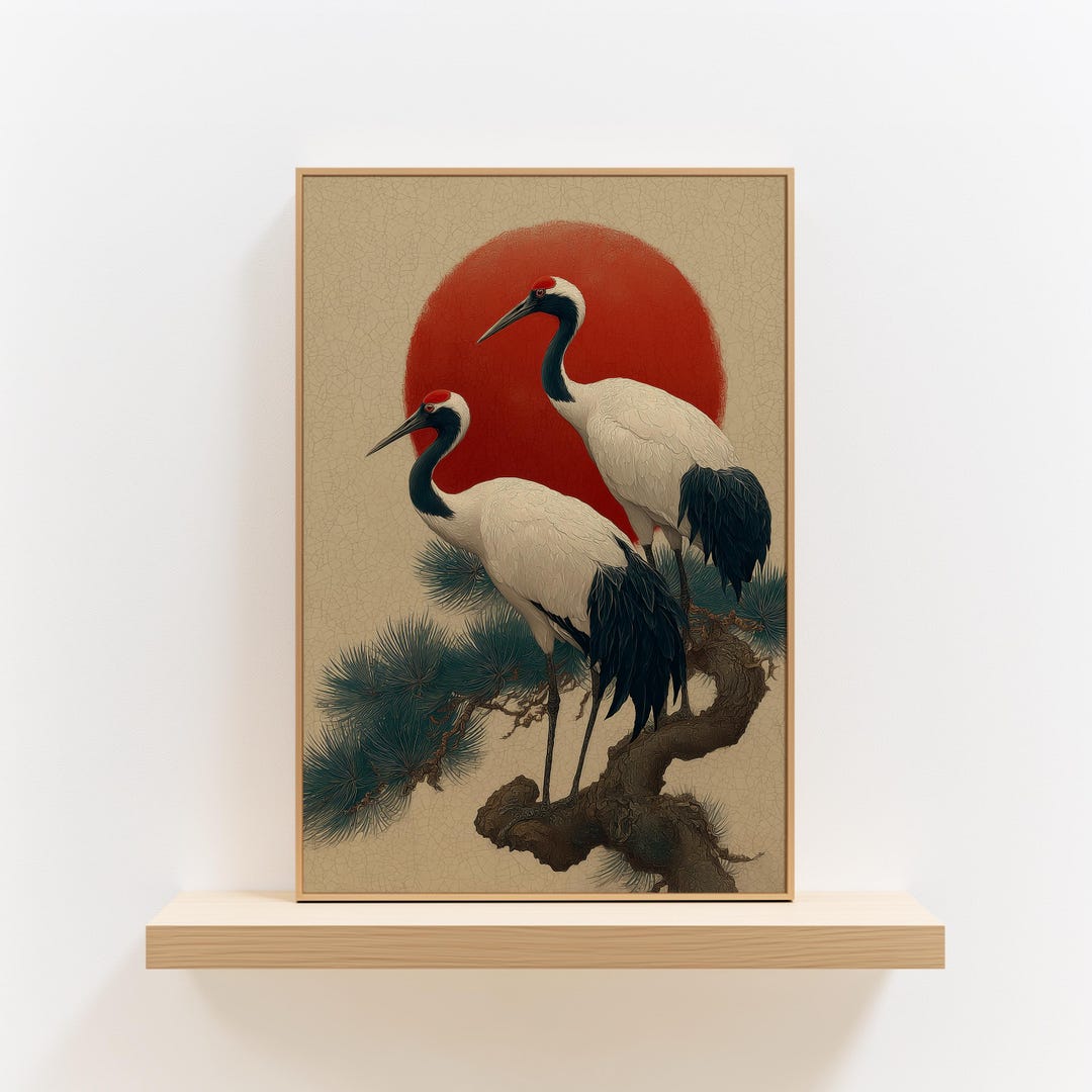 Red-crowned Cranes With Sun Wall Art, Japanese & Chinese Print, Elegant ...