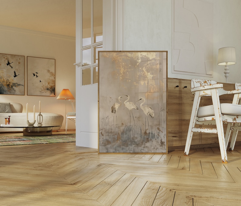 Wabi Sabi Wandkunst, Kraniche Japandi Wandkunst, Beige & Gold Japanische Wandkunst, 3er-Set ...