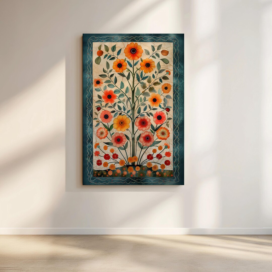 Vibrant Floral Indian Folk Art Style Print on Canvas, Colorful Flower ...