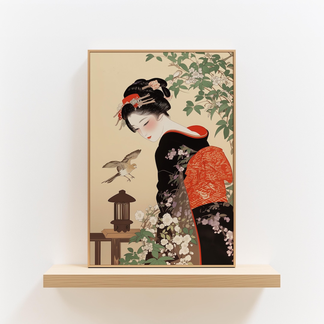 Japanese Geisha & Bird Ukiyo-e Artwork, Edo Period Woodblock Print ...