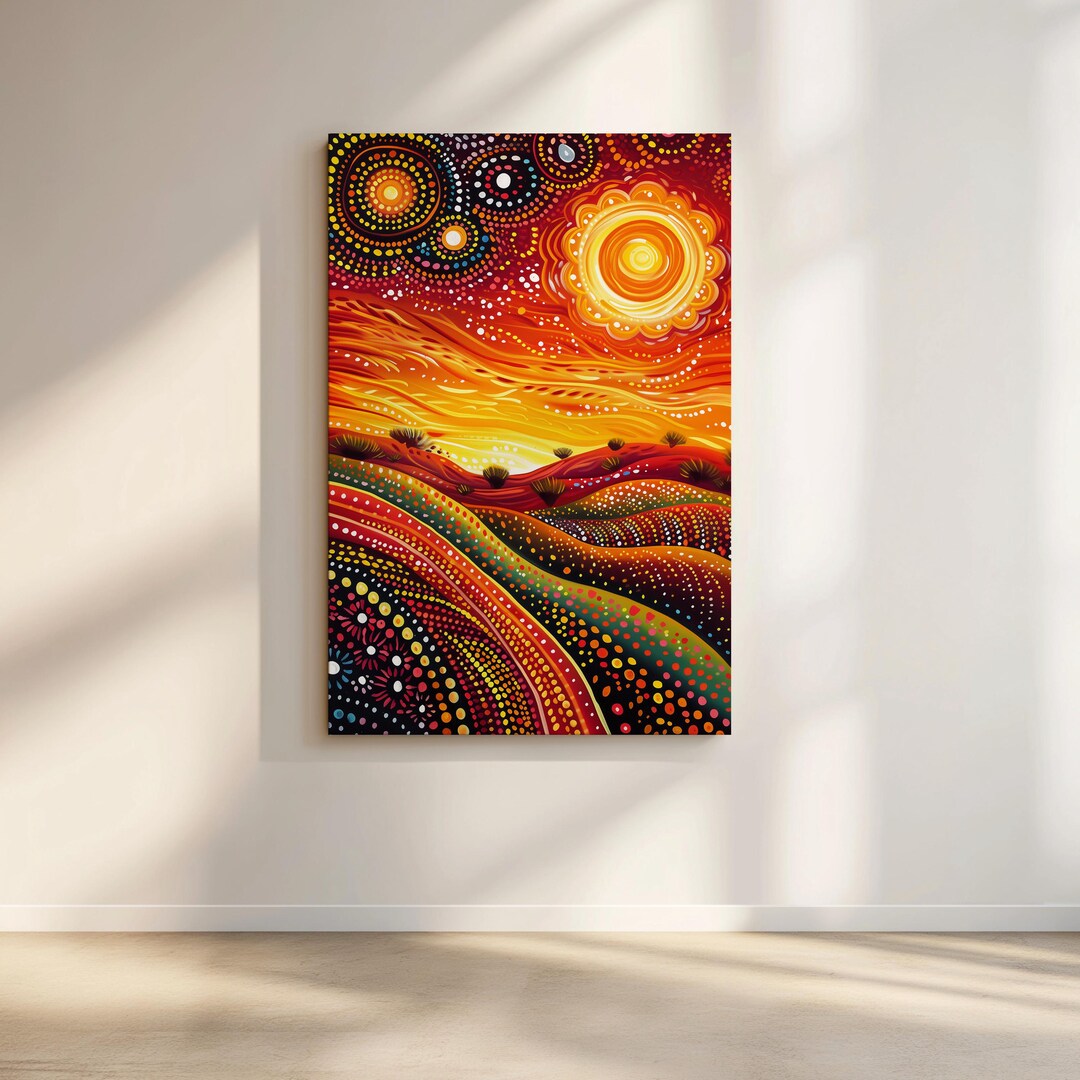 Aboriginal Sunset Meadow Canvas – Bold Landscape Dot Art Print for ...