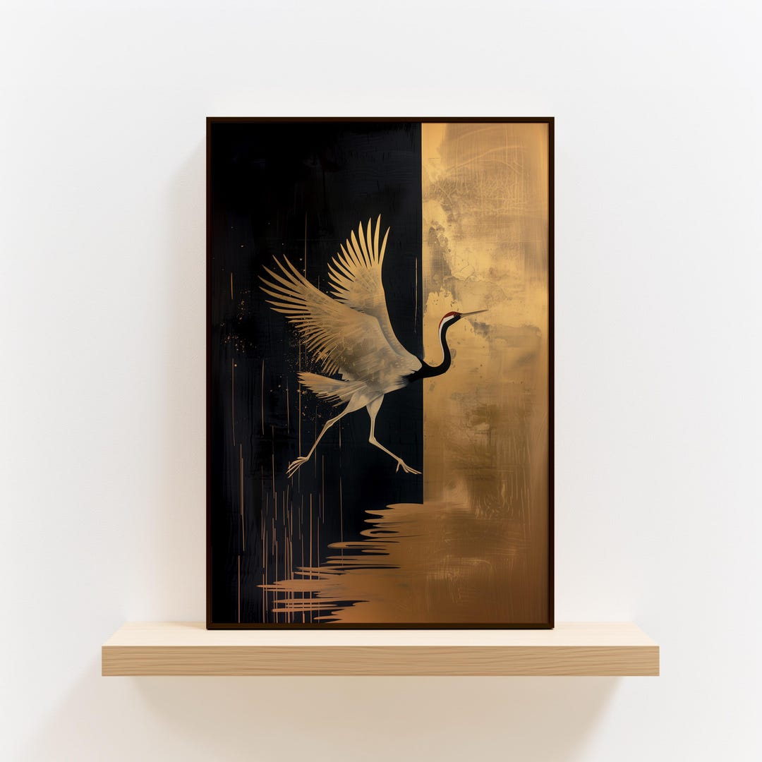 Japanese Crane Wall Art, Minimalist Gold Flying Crane Print, Eclectic Japandi Decor, Vintage ...