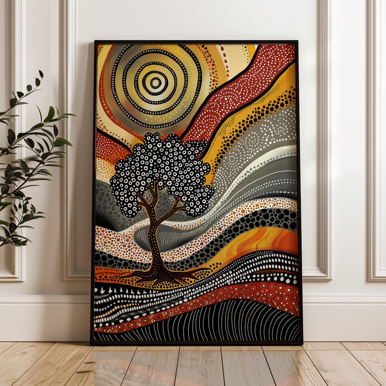 Indigenous Australian Painting Style Print, Aboriginal Meadow With Gold ...