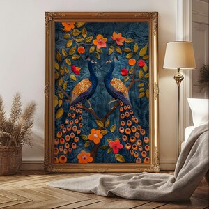 Blue & Orange Peacocks on Blossom Mango Tree Print, Madhubani and ...