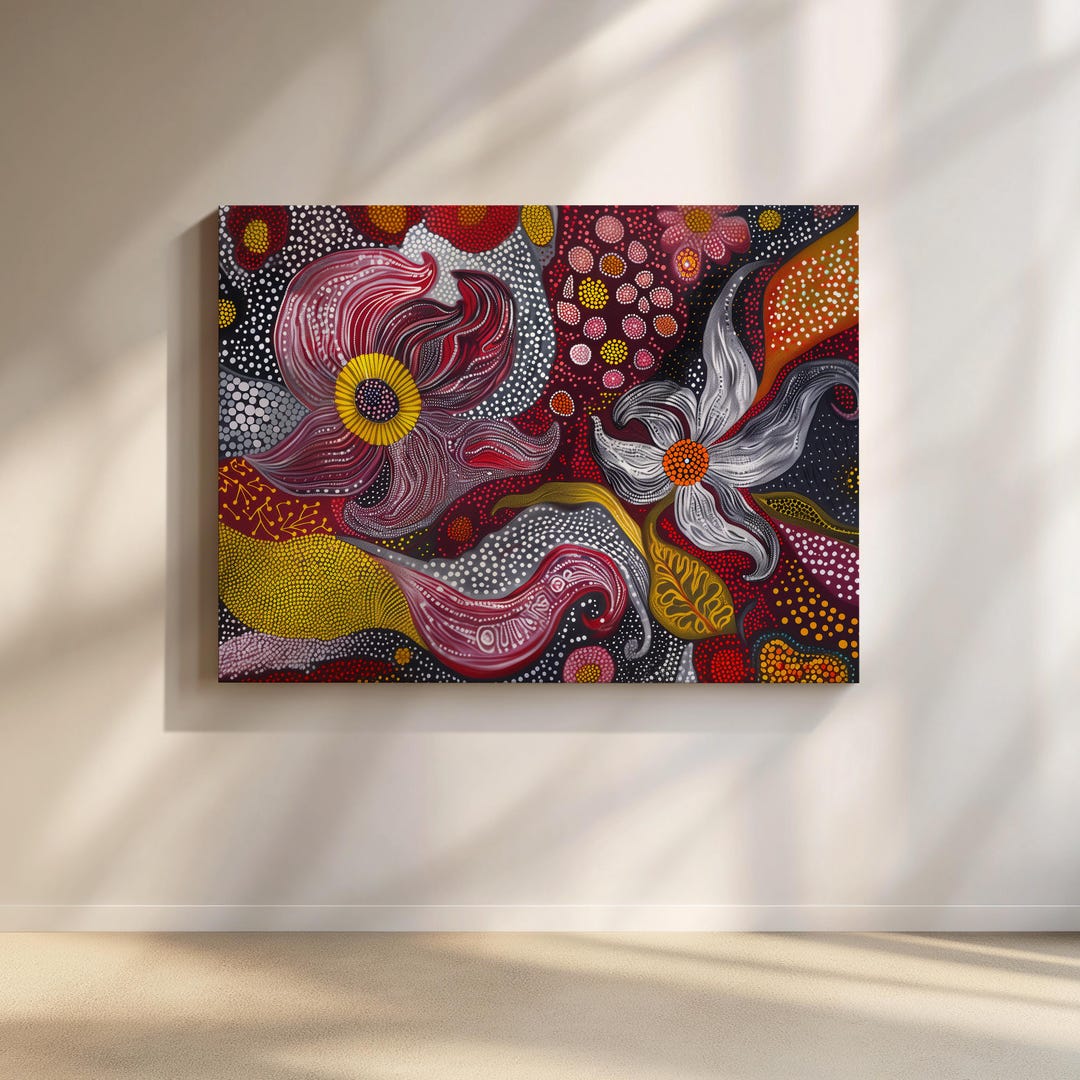 Aboriginal Flower Canvas Wall Art, Vibrant Feminine Indigenous-inspired ...