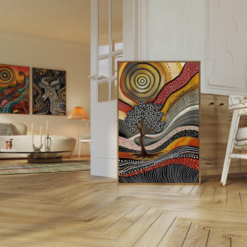 Indigenous Australian Painting Style Print, Aboriginal Meadow With Gold ...