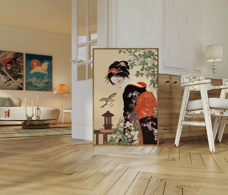 Japanese Geisha & Bird Ukiyo-e Poster Edo Period Woodblock Print Style ...