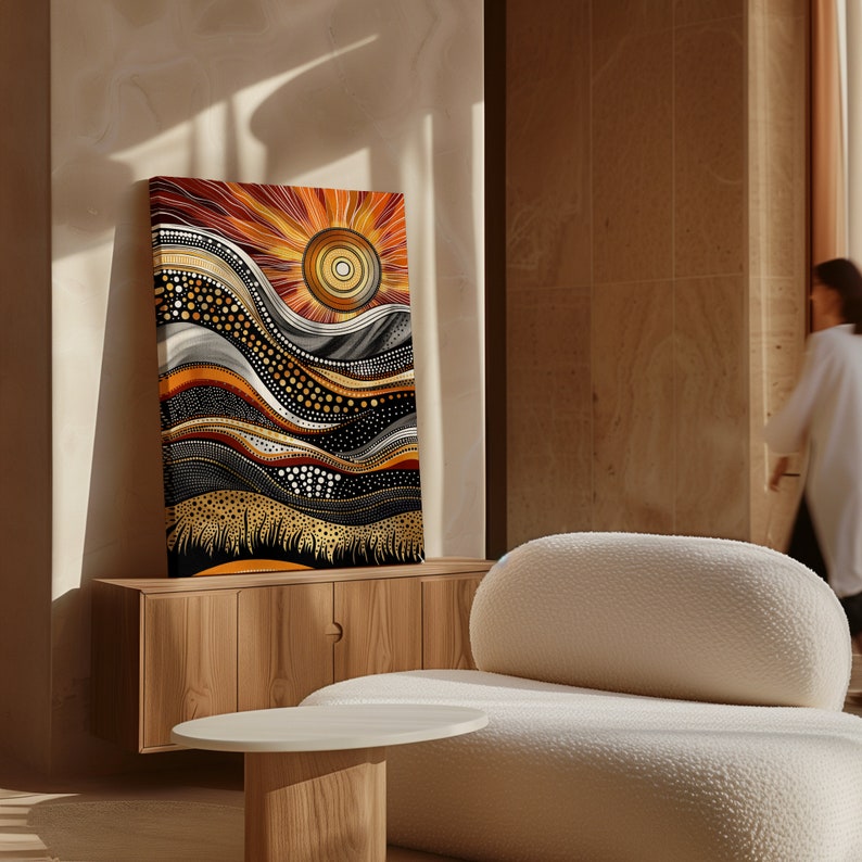 Affordable Aboriginal Art Nature Canvas: Abstract Meadow at Sunset ...