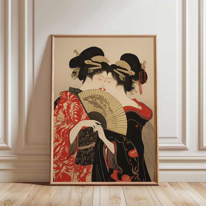 Japanese Shunga Art Print Ukiyo-e Geisha Kiss Poster, Traditional Edo ...