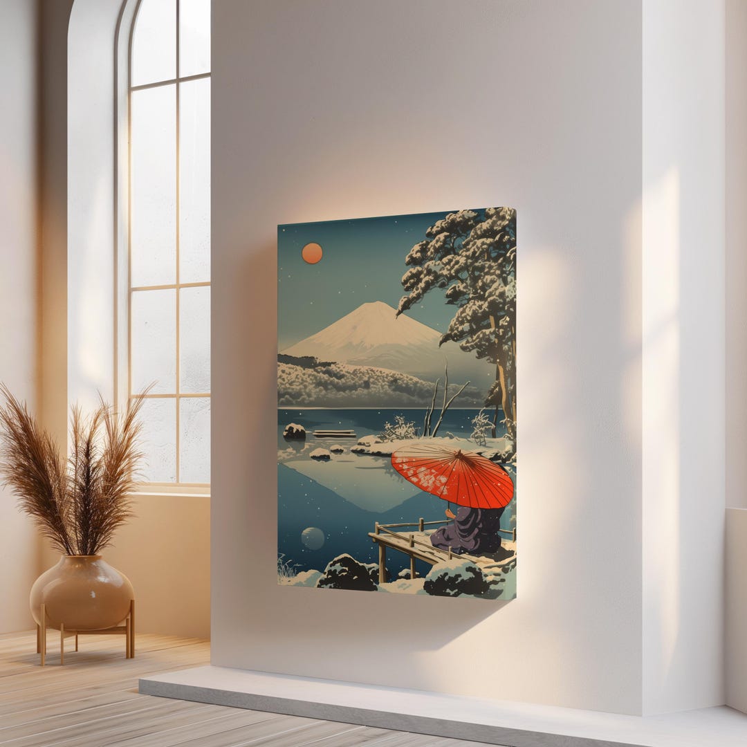 Winter Japanese Ukiyo-e Style Landscape Canvas, Mount Fuji Snow Scene ...