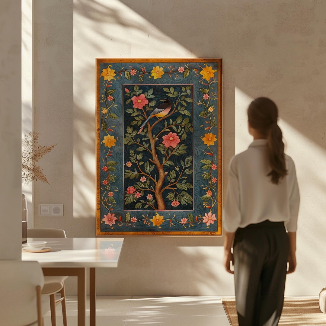 Birds & Blooming Tree Traditional Indian Folk Art Style Artwork ...