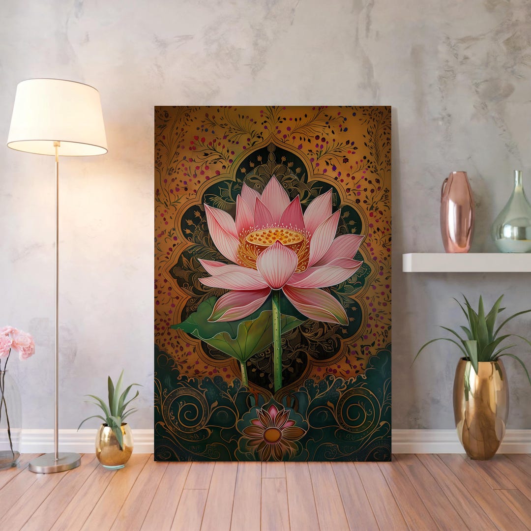 Pink Lotus Mughal Style Artwork, Floral Indian Art Print on Canvas ...