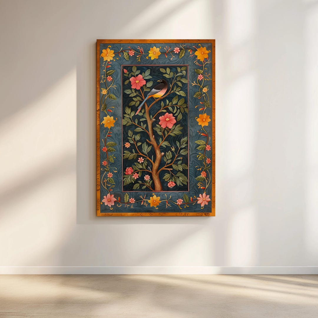 Birds & Blooming Tree Traditional Indian Folk Art Style Artwork ...