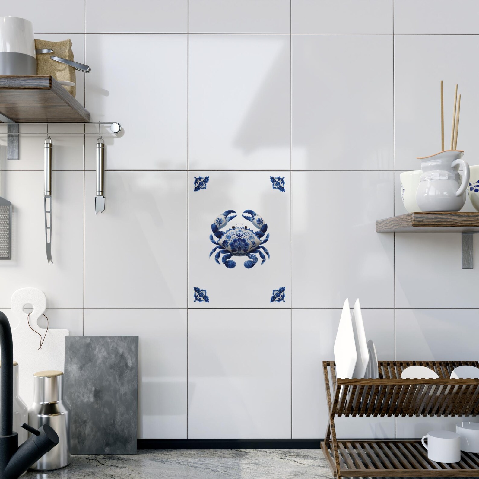 Blue and White Crab Ceramic Tile Wall Art – Portuguese Azulejo Ocean ...