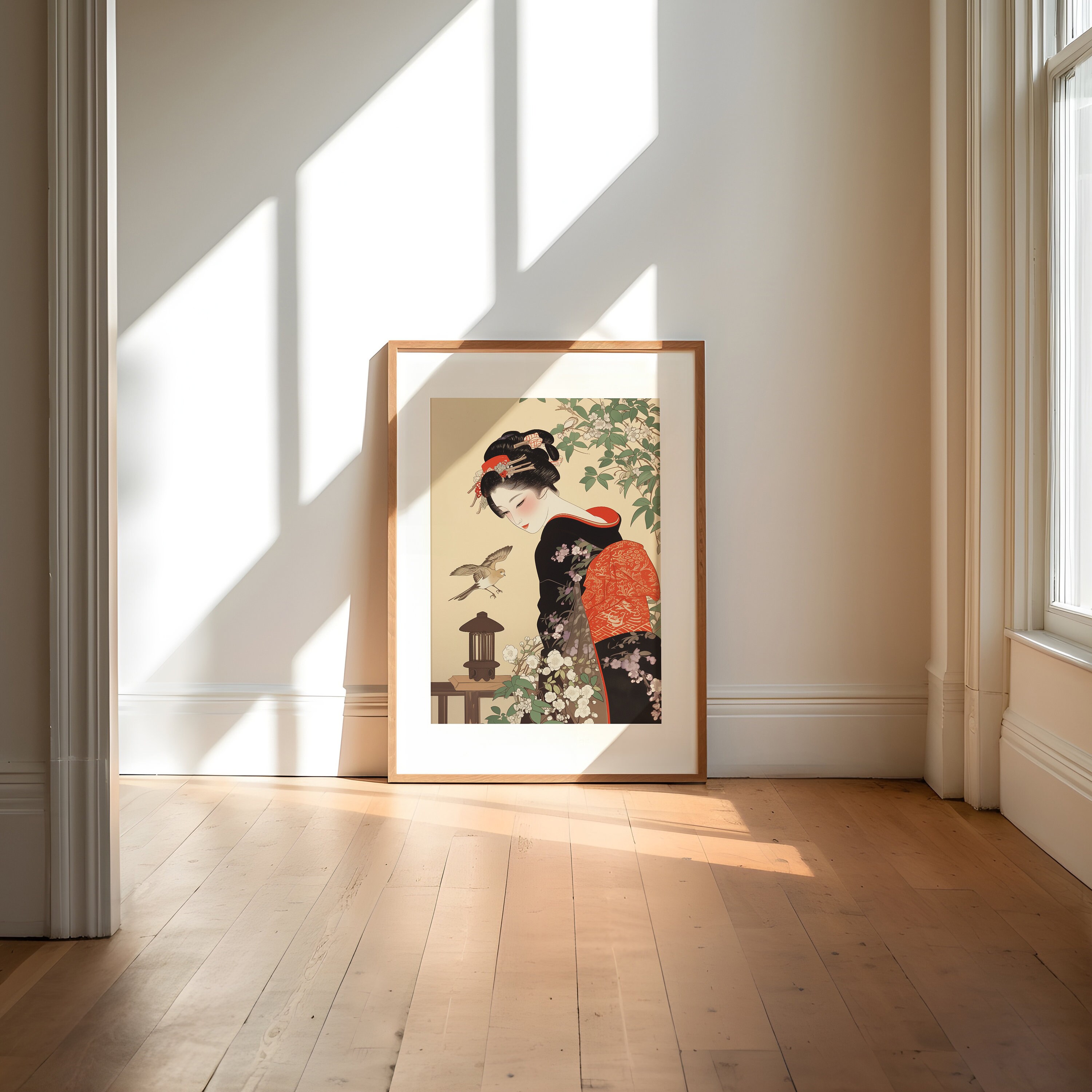 Japanese Geisha & Bird Ukiyo-e Poster Edo Period Paintings Reproduction ...