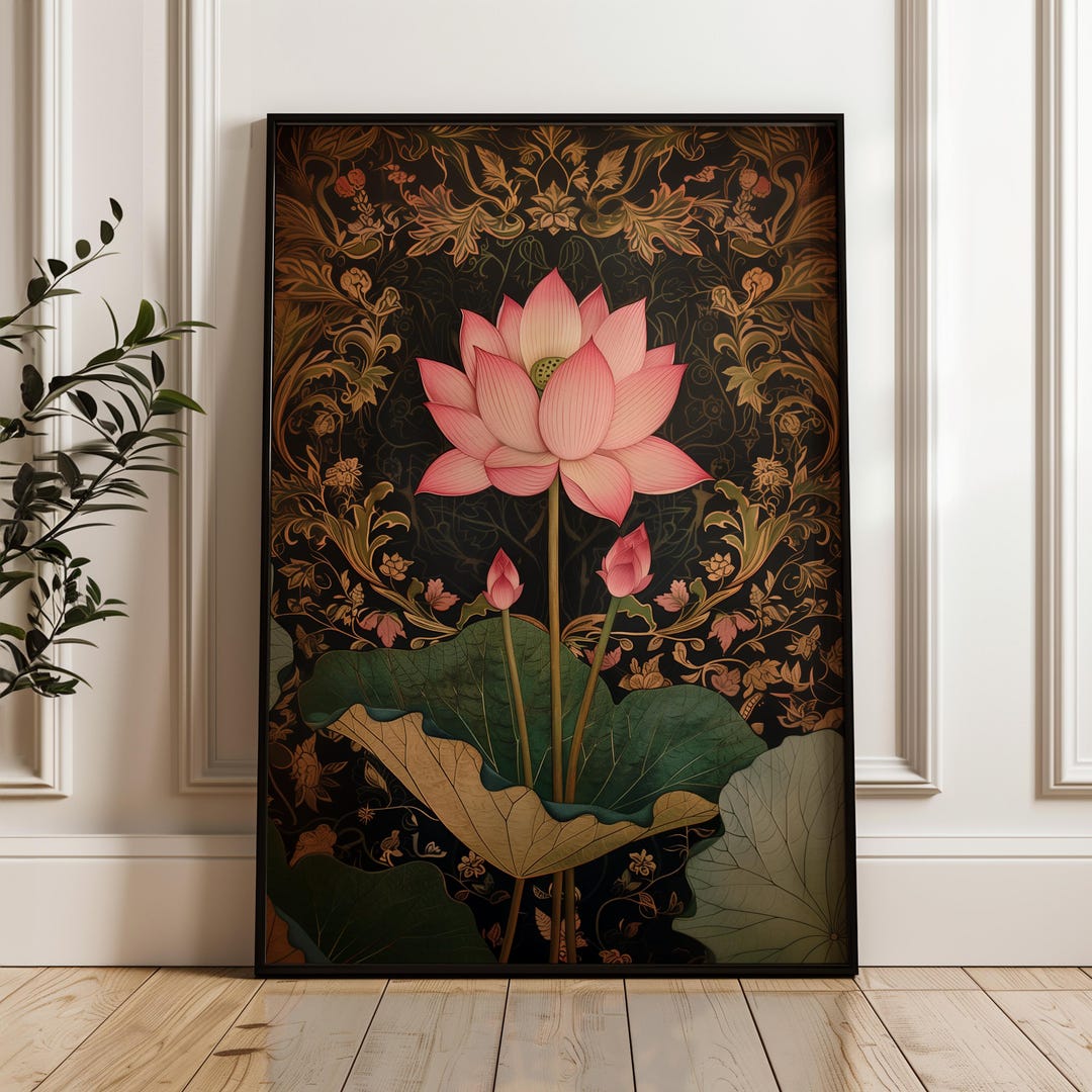 Exquisite Black and Gold Indian Art, Pink Lotus Print With Floral ...