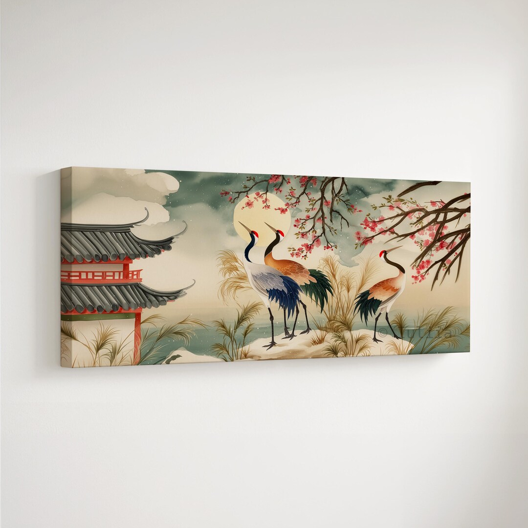 Seasonal Winter Japanese Cranes Canvas Print, Panoramic Wide Long ...