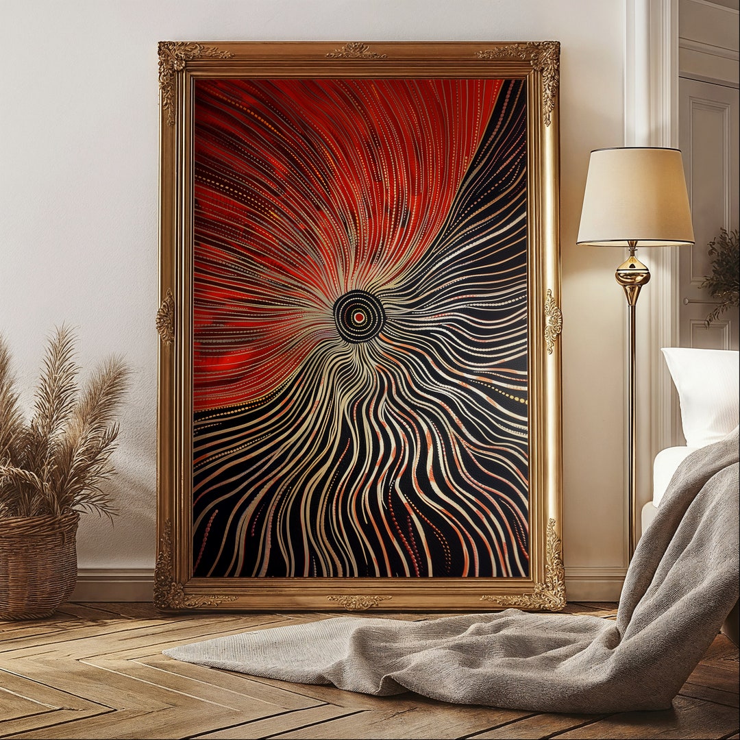 Black and Red Authentic Aboriginal Print, Dot Painting With Gold ...