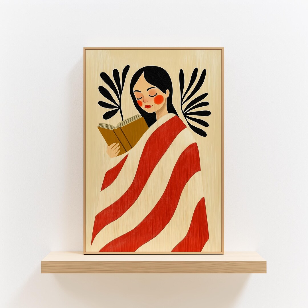 Reading Woman Art Print – Bold Stripe Poster for Bookish Wall Decor ...