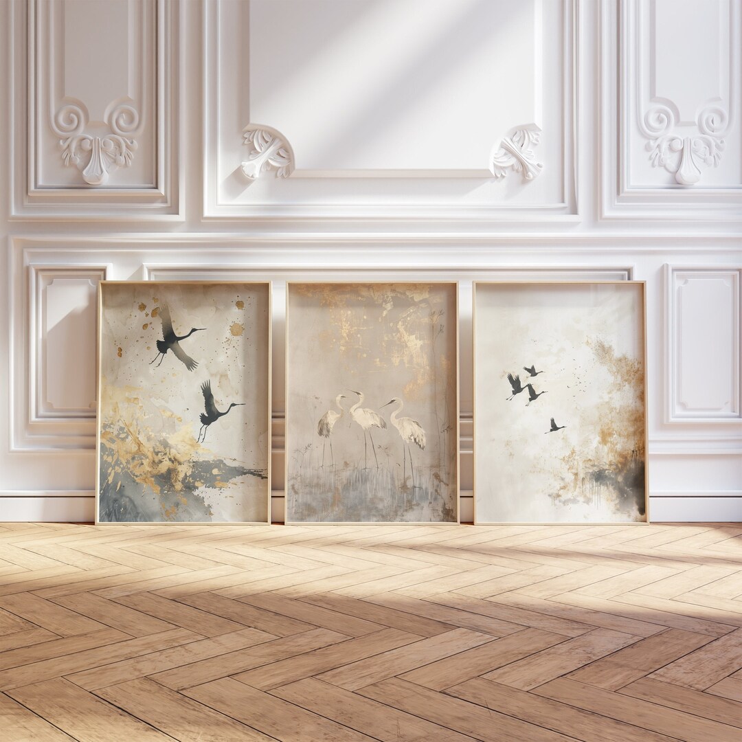 Wabi Sabi Wandkunst, Kraniche Japandi Wandkunst, Beige & Gold Japanische Wandkunst, 3er-Set ...