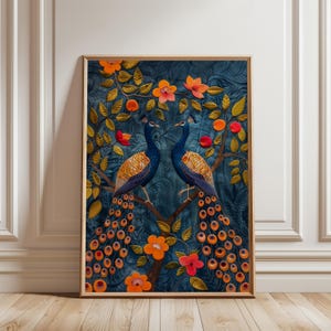 Blue & Orange Peacocks on Blossom Mango Tree Print, Madhubani and ...