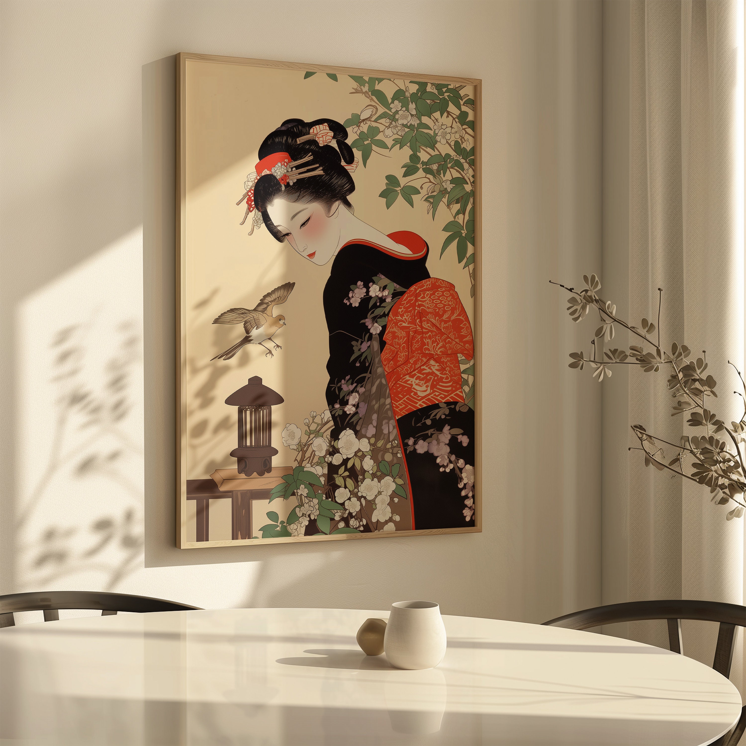 Japanese Geisha & Bird Ukiyo-e Poster Edo Period Paintings Reproduction ...