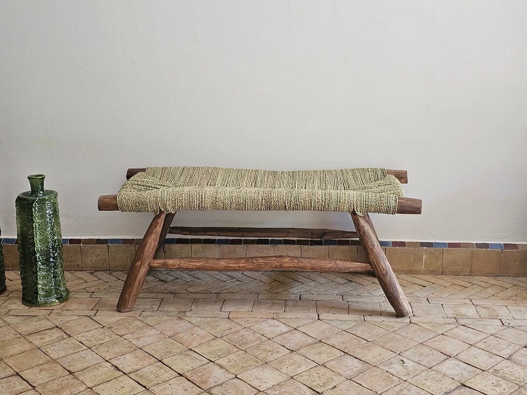Bench in Solid Wood and Natural Weaving - Etsy