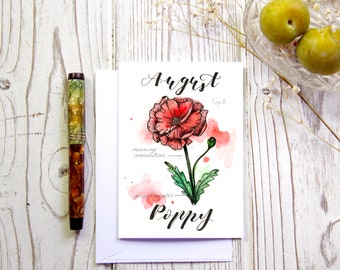 August Birth Flower Poppy Watercolor Greeting Card Sticker - Etsy