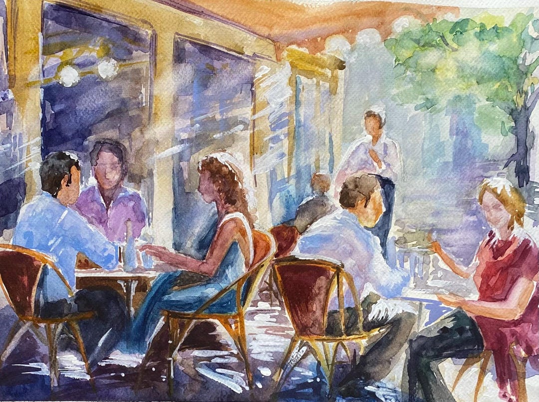 Parisian Cafe Original Watercolor Painting Summer Sunny Scene Outdoor ...