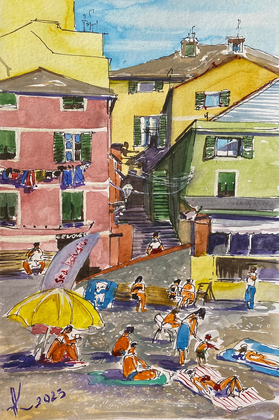 Italy Painting Genoa Beach Original Watercolor Artwork Travel Wall ...