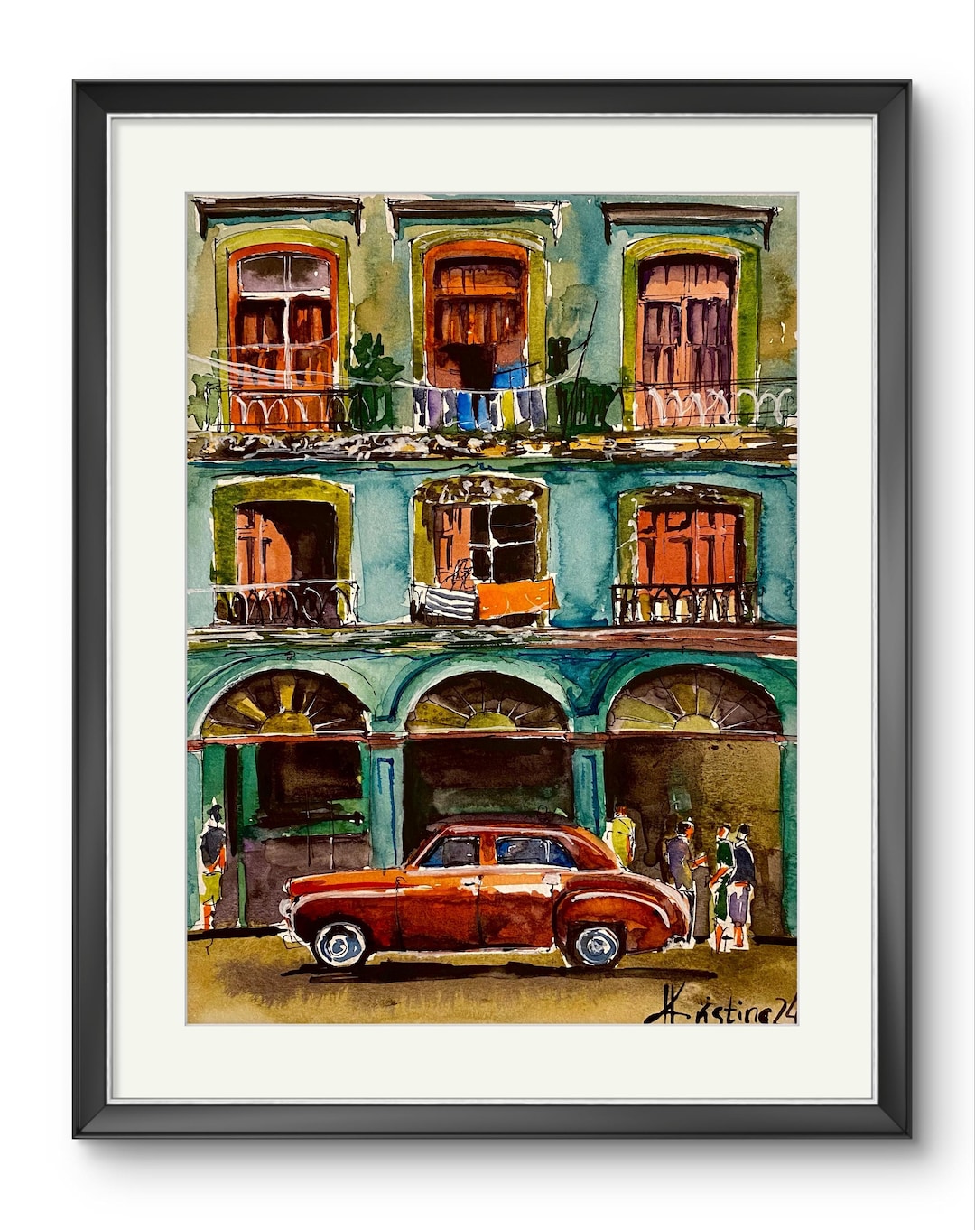 Cuban Art Print Vintage Car Street Scene Brown Painting Tropical ...