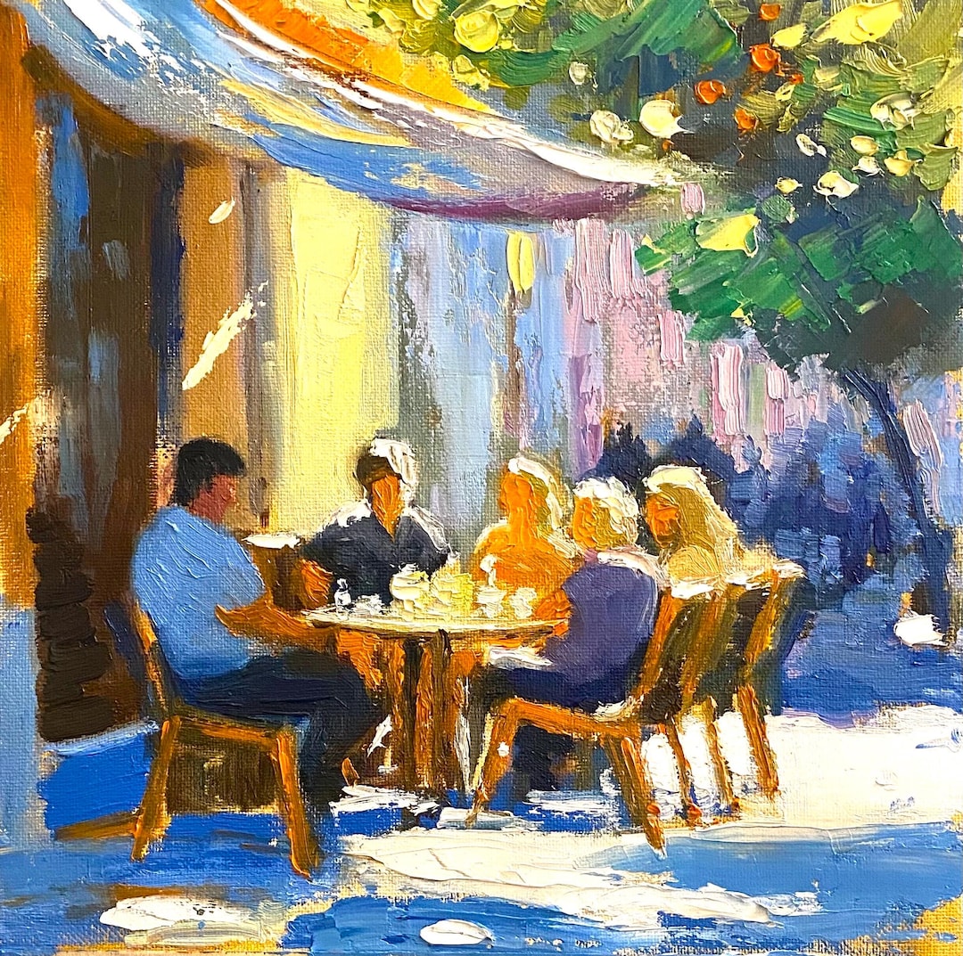 Cafe Street Original Oil Painting Outdoor Sunny Terrace Artwork ...