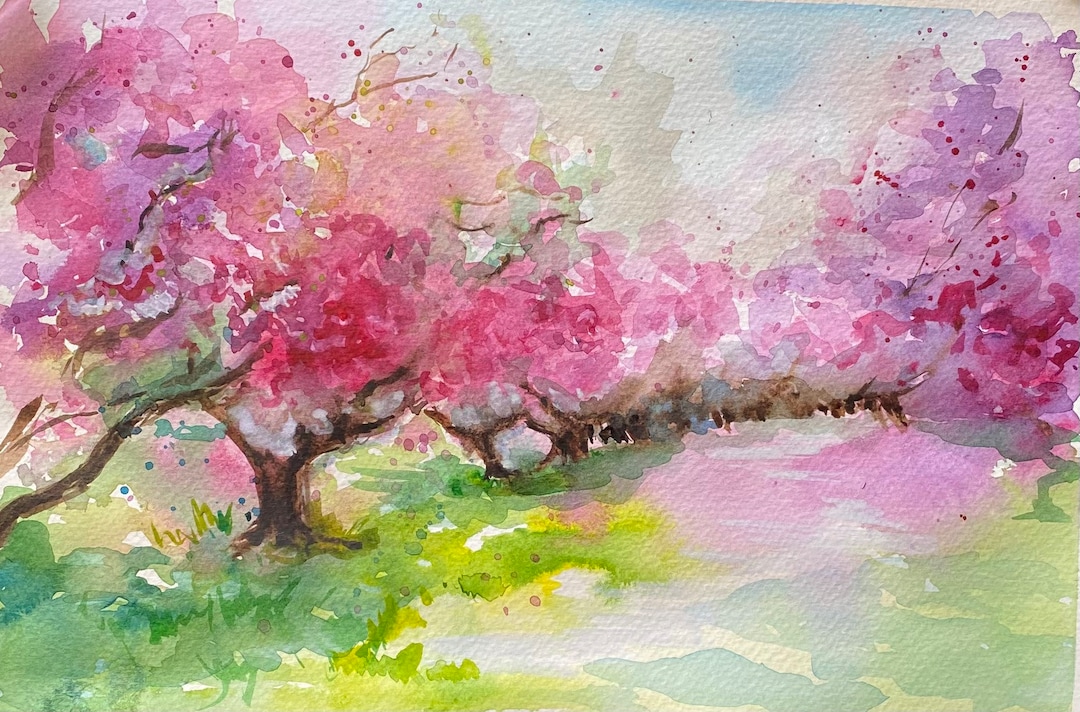 Blossom Trees Original Watercolor Painting Pink Flowers Spring Blossom ...